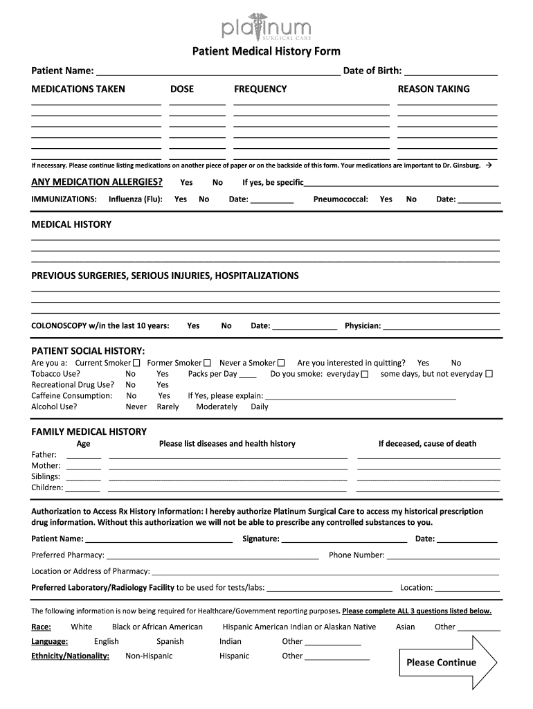 Fillable Online Patient Medical History Form - Platinum Surgical Care Fax Email Print - pdfFiller