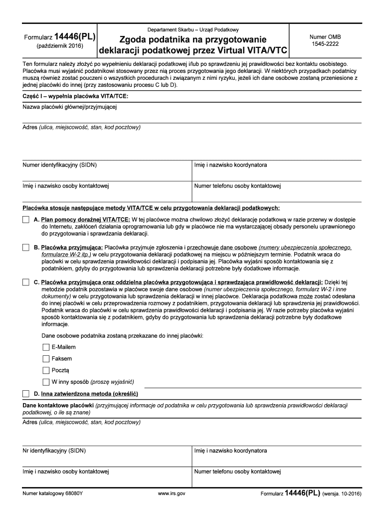 Fillable Online irs Form 14446 (PL) (Rev. 10-2016). Virtual VITA/TCE ...