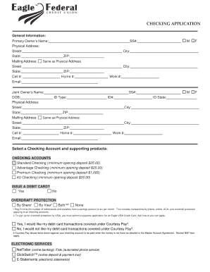 Fillable Online eaglefederal CHECKING APPLICATION - eaglefederal.org Fax Email Print - pdfFiller