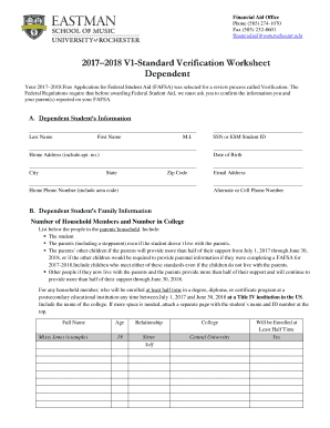 Fillable Online esm rochester V1 Dependent Standard Verification Worksheet - Eastman School of ...