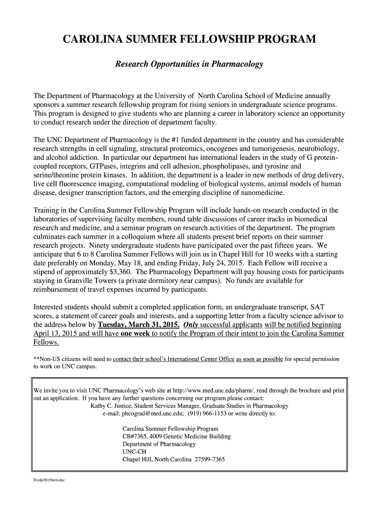 Fillable Online med unc CAROLINA SUMMER FELLOWSHIP PROGRAM Fax Email ...