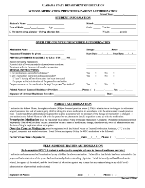 Fillable Online alsde SCHOOL MEDICATION PRESCRIBER/PARENT AUTHORIZATION ...