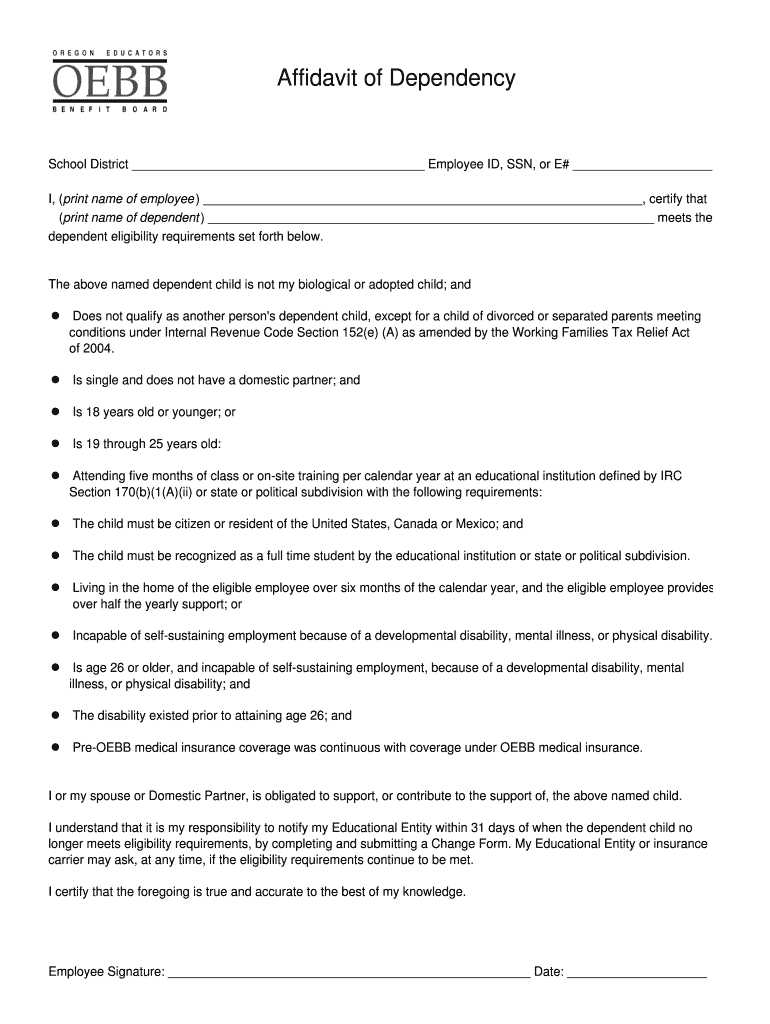Fillable Online Affidavit of Dependency OEBB - Roseburg Public Schools ...