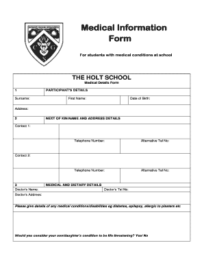Fillable Online Medical Information Form - holtschool.co.uk Fax Email ...
