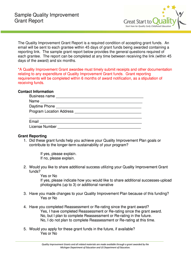 Fillable Online greatstarttoquality Sample Quality Improvement Grant ...