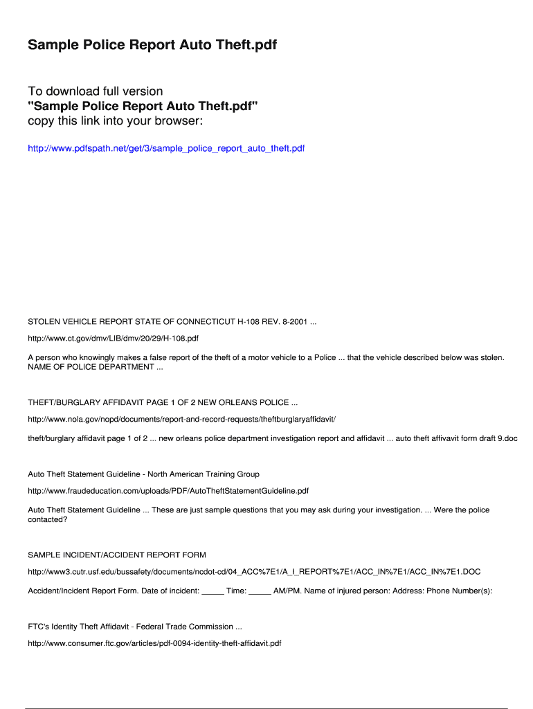 Connecticut Auto Theft Police Report Form H-108 - Blank Fillable ...