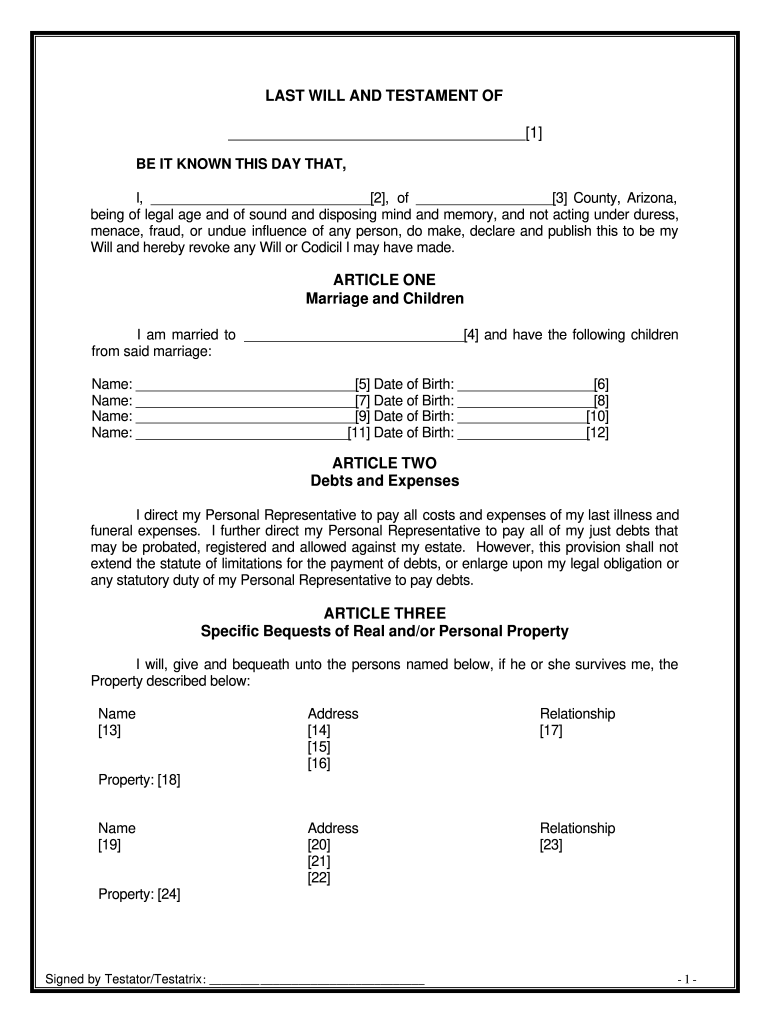 Fillable Online Last Will And Testament Form Arizona Fax Email Print 
