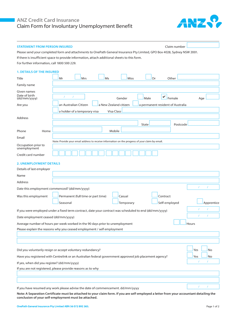 Fillable Online ANZ Credit Card Insurance Unemployment Claim Form - ANZ ...