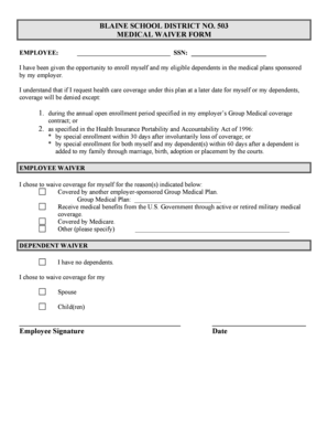 Fillable Online blaine wednet Medical Waiver Form - Blaine School District - blaine wednet Fax ...