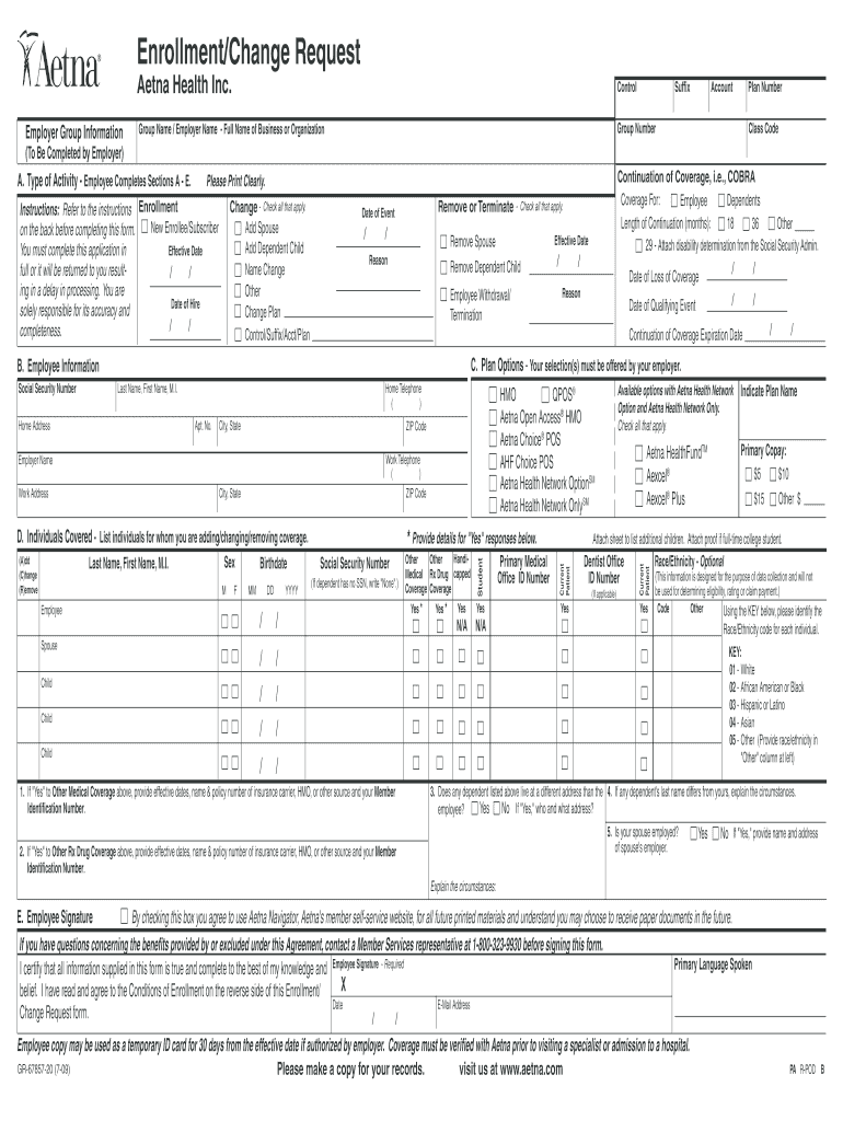 Fillable Online Pennsylvania Enrollment/Change Request - Aetna Fax ...
