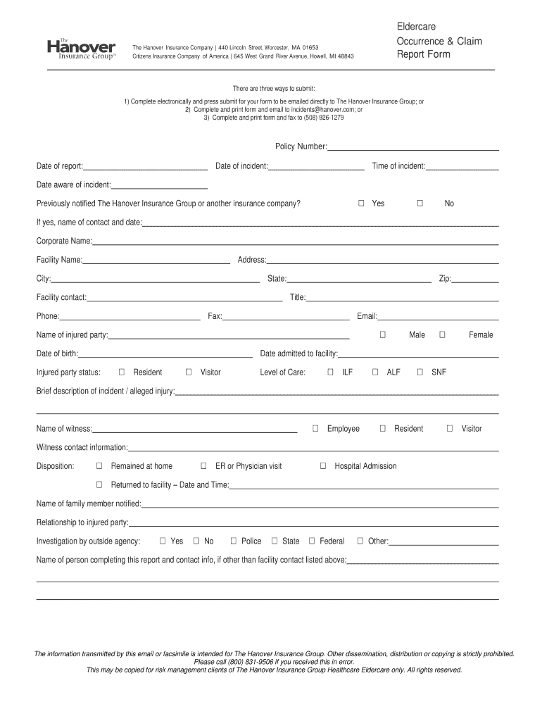 Fillable Online Eldercare Claims Reporting Form - Hanover Fax Email ...