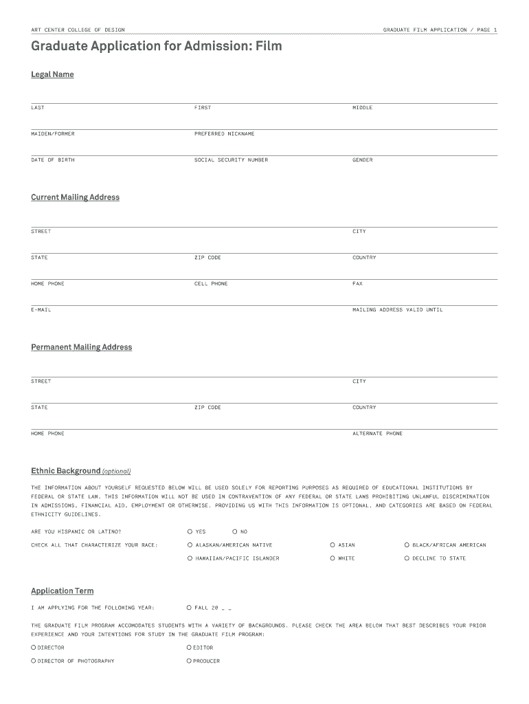 Fillable Online artcenter Graduate Application for Admission: Film - Art Center College of ...