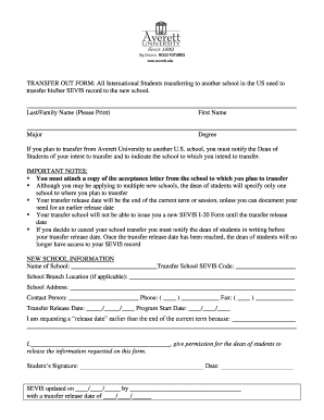 Fillable Online averett TRANSFER OUT FORM: All International ... - Averett University Fax Email ...