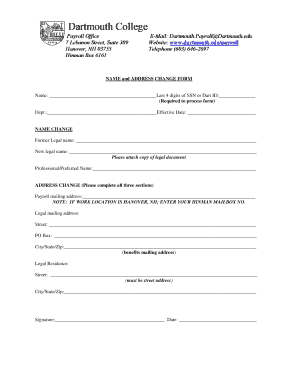 Fillable Online dartmouth NAME and ADDRESS CHANGE FORM Name: 4 digits ...