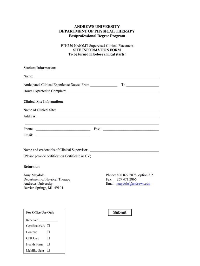 Fillable Online andrews Clinical Supervised Practice Forms - Andrews ...