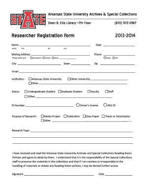 Fillable Online astate Researcher Registration Form 2013-2014 ...
