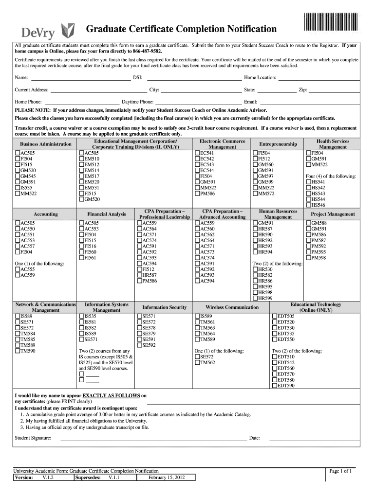 Fillable Online kc devry GRADUATION NOTIFICATION - DeVry Fax Email Print - pdfFiller
