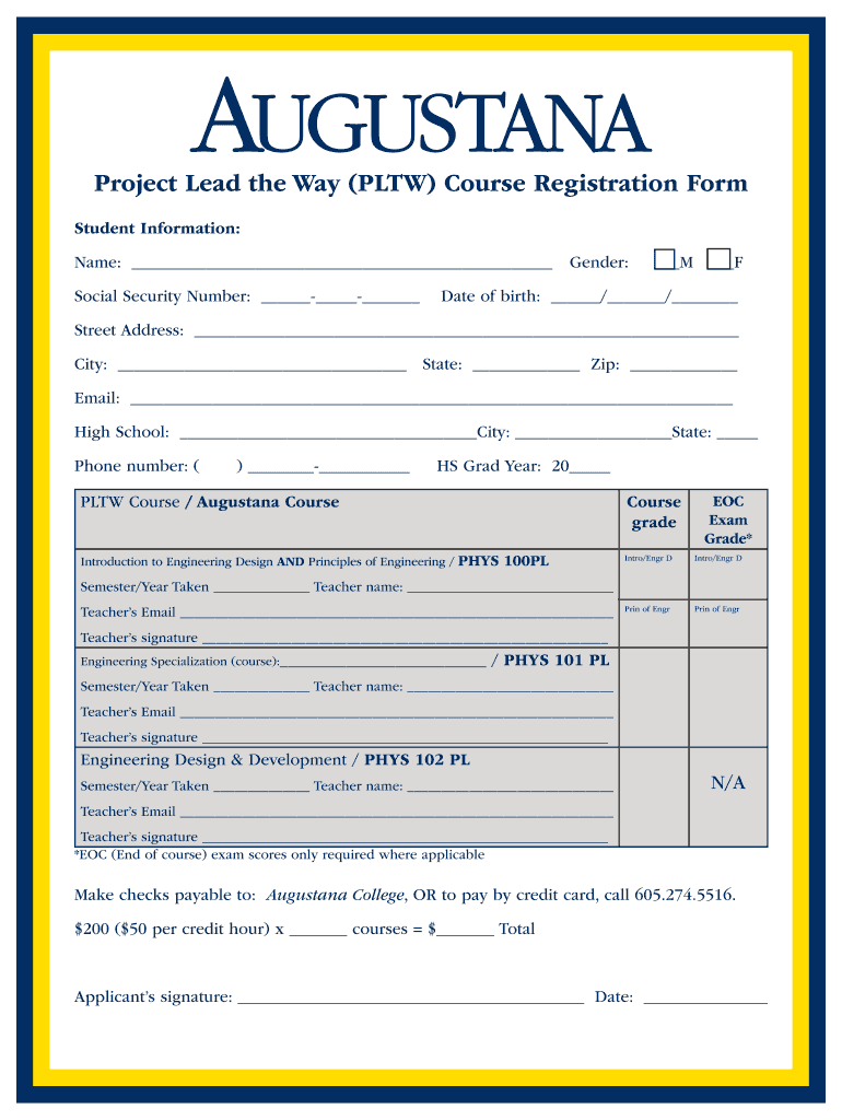 Fillable Online augie Project Lead the Way (PLTW) Course Credit Application Engineering Fax ...