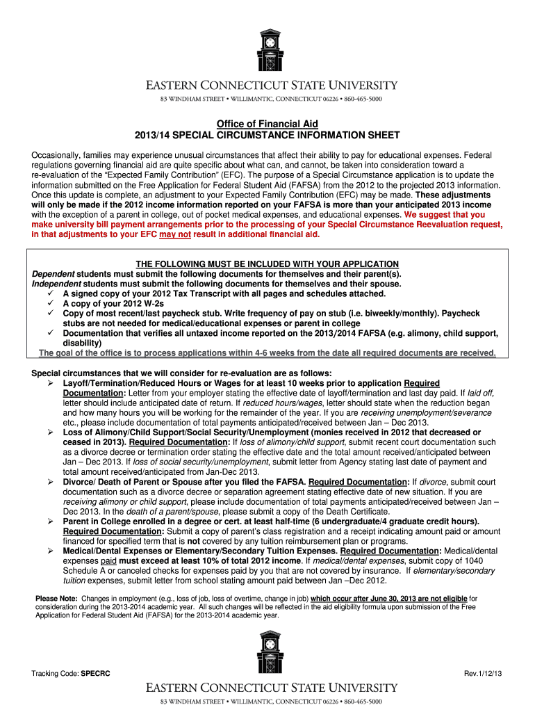Fillable Online easternct Special Circumstances and Checklist - Eastern Connecticut State ...