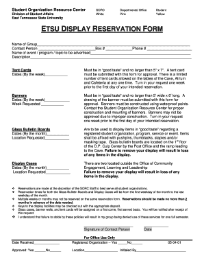 Fillable Online etsu ETSU DISPLAY RESERVATION FORM Fax Email Print - pdfFiller