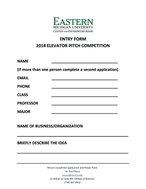 Fillable Online emich ENTRY FORM 2014 ELEVATOR PITCH COMPETITION Fax ...