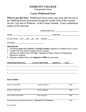 Fillable Online Course Withdrawal Form - Endicott College Fax Email ...