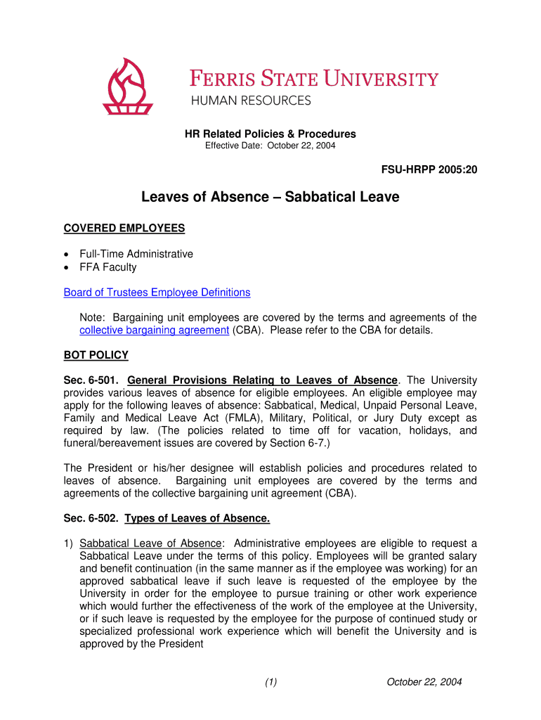 Fillable Online ferris Leaves of Absence Sabbatical Leave - Ferris State University - ferris Fax ...