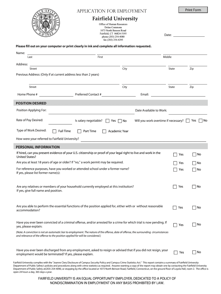 Fillable Online fairfield Employment Application - Fairfield University Fax Email Print - pdfFiller