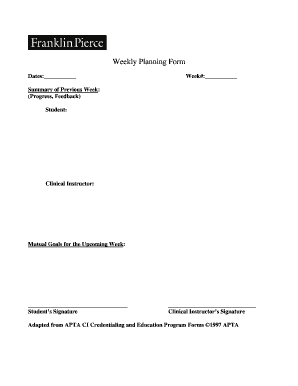 Fillable Online franklinpierce Weekly Planning Form - Franklin Pierce ...