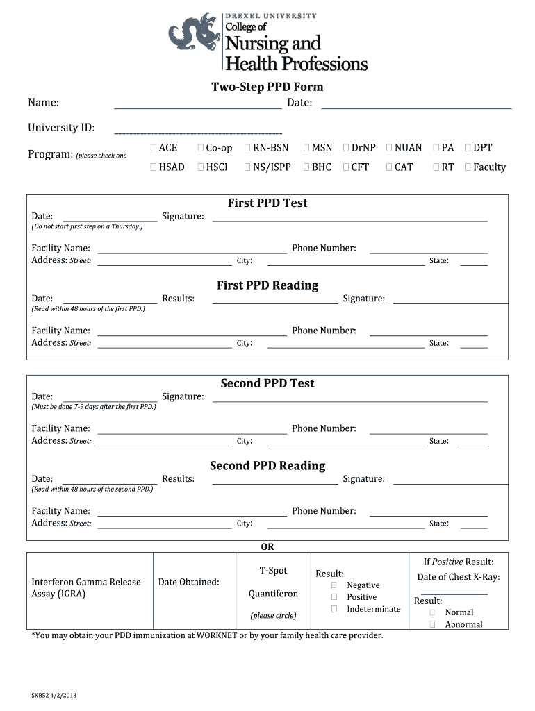 Drexel University Two Step PPD Form 2013 Fill And Sign Printable 