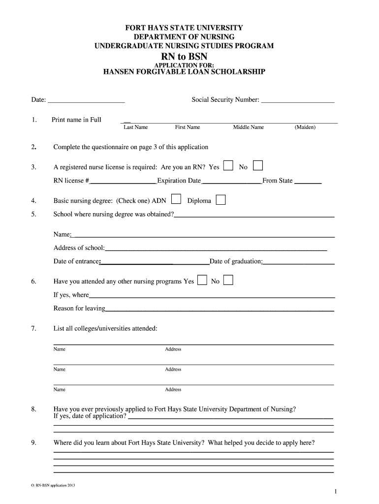 Fillable Online fhsu Fort Hays State University Department of Nursing ...