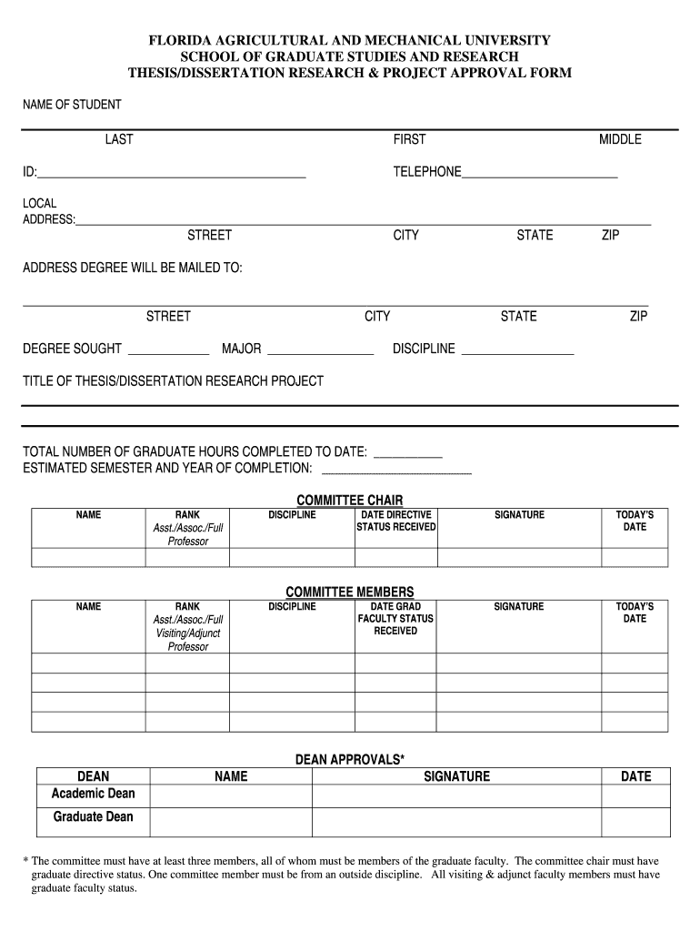 Fillable Online famu THESISDISSERTATION RESEARCH & PROJECT APPROVAL ...