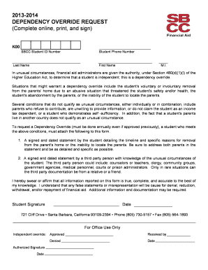Fillable Online sbcc Dependency Override Request Form 2013 - 2014 Fax ...