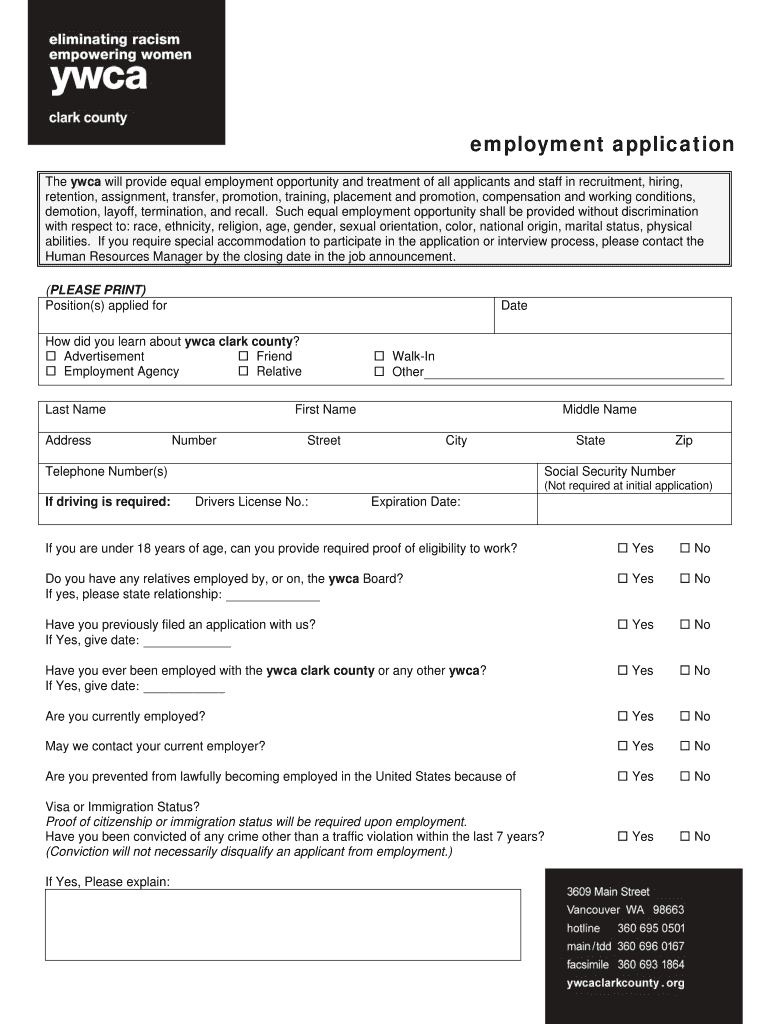 Fillable Online ywcaclarkcounty Employment application - YWCA Clark ...