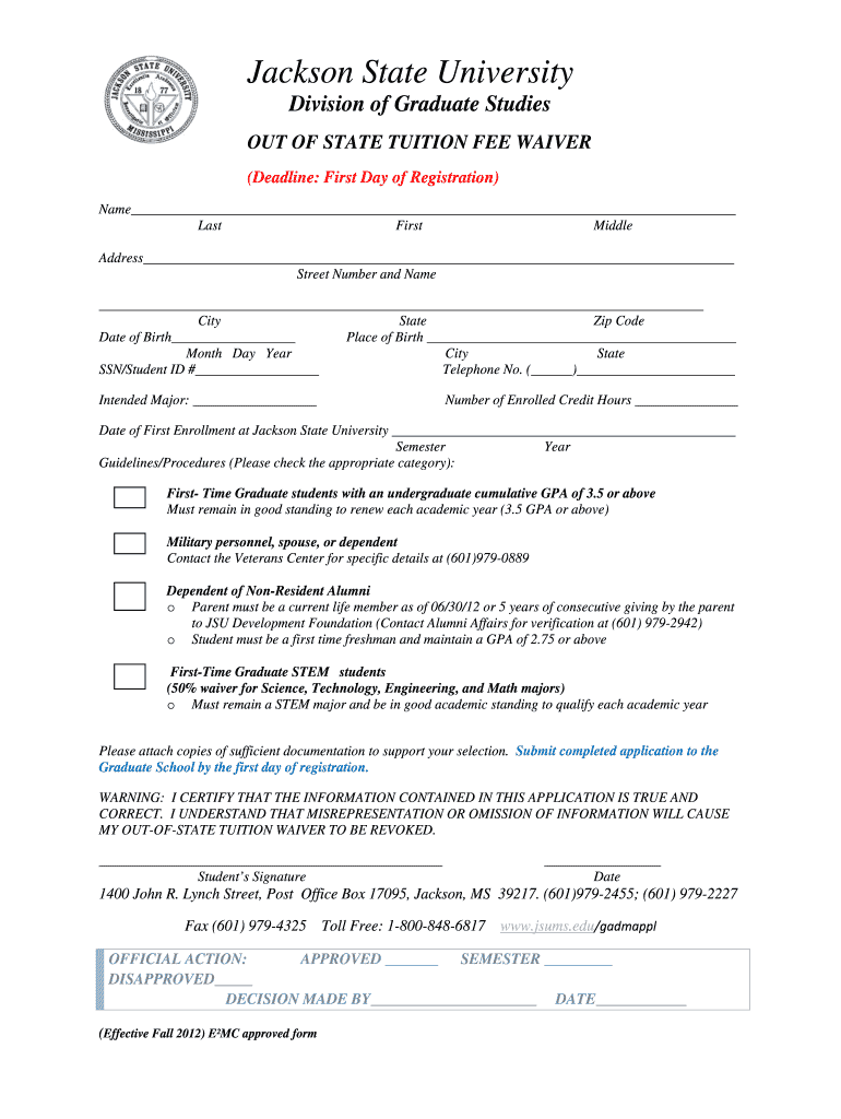 Fillable Online jsums Scholarship Information?Graduate?fee waiver ...