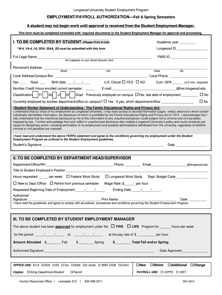 Fillable Online longwood EMPLOYMENT/PAYROLL AUTHORIZATION Fall & Spring ...