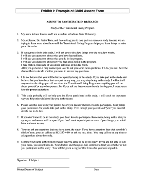 Fillable Online indstate Exhibit I: Example of Child Assent Form ...