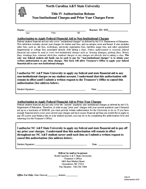 Fillable Online ncat Title IV Authorization Release Form 2014-2015 - North Carolina ... Fax ...