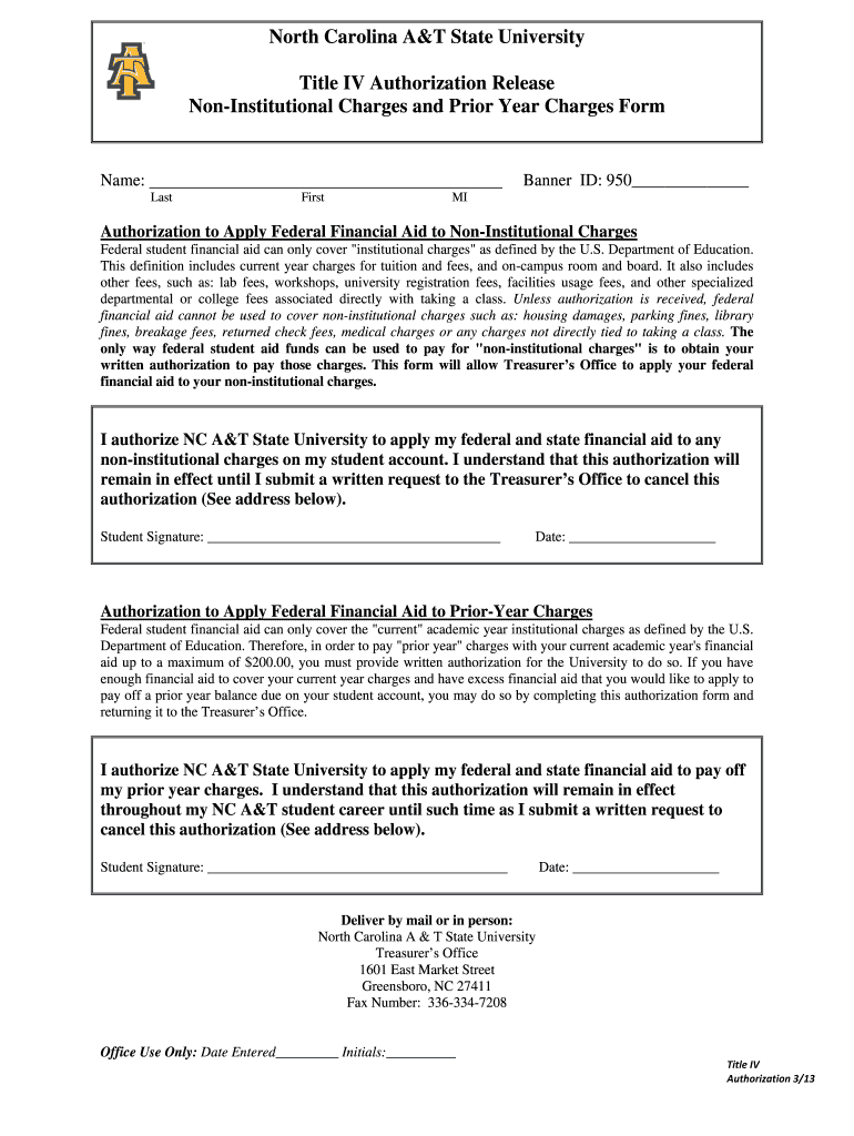 Fillable Online ncat Title IV Authorization Release Form 2014-2015 ...