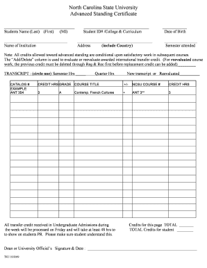 Fillable Online ncsu Advance Standing Certificate Form.doc Fax Email ...