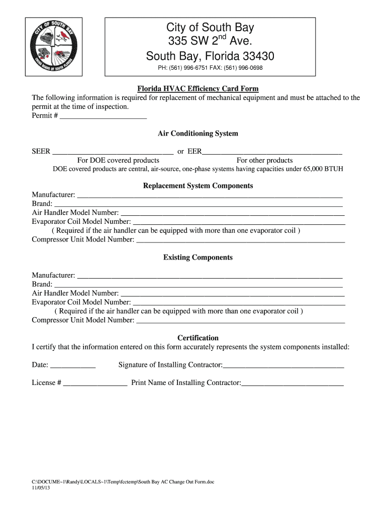 Fillable Online AC Change Out Form - City of South Bay Fax Email Print ...