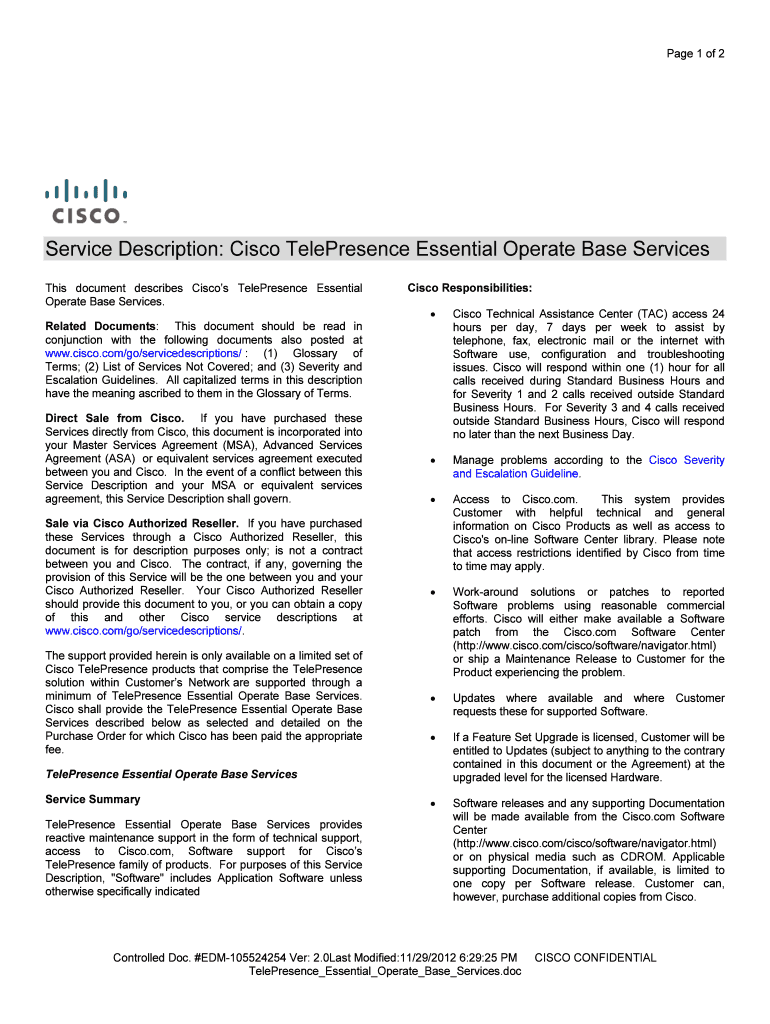 Fillable Online Cisco TelePresence Essential Operate Base Services Fax Email Print - pdfFiller