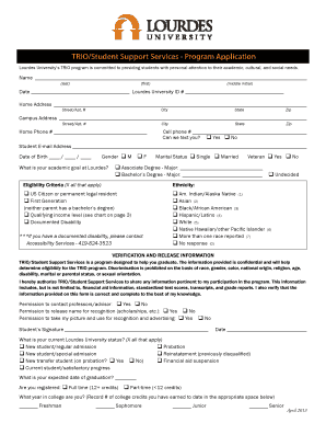 Fillable Online lourdes TRiO/Student Support Services - Program Application - lourdes Fax Email ...