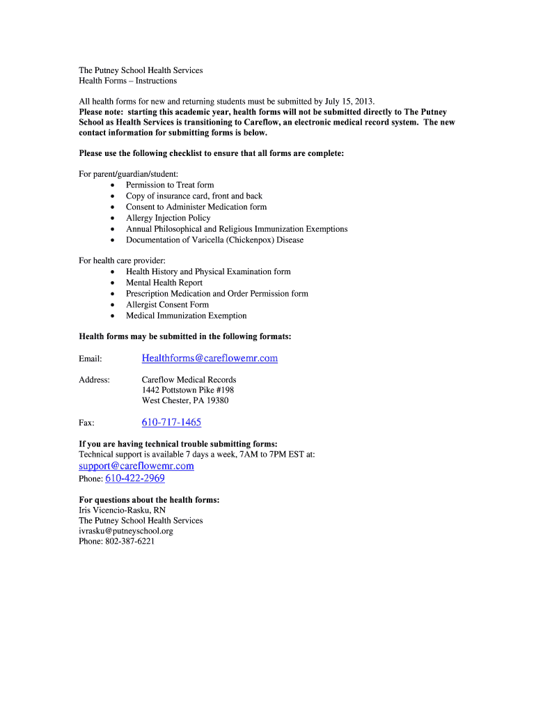 Fillable Online 2013-14 Putney School Health Center Permission to Treat Form Fax Email Print ...