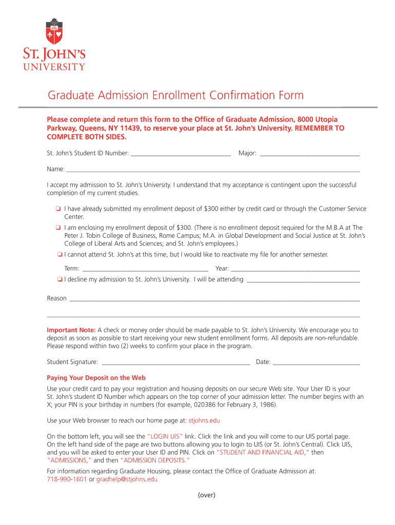 Fillable Online stjohns Graduate Admission Enrollment Confirmation Form ...