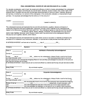 Fillable Online FINAL UNCONDITIONAL WAIVER OF LIEN AND RELEASE OF ALL ...