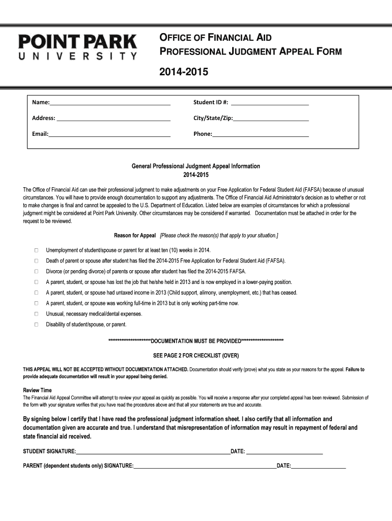 Fillable Online pointpark Office of financial aid professional judgment ...