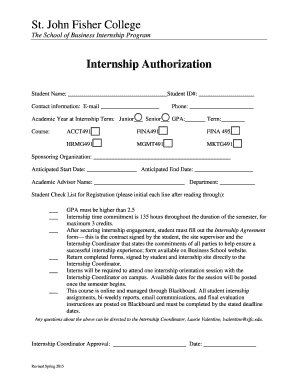 Fillable Online sjfc School of Business Internship Authorization Form Fax Email Print - pdfFiller