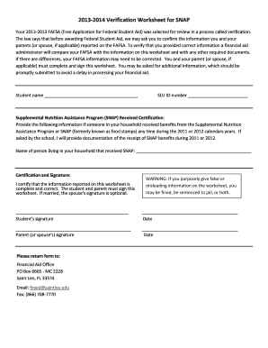 Fillable Online 2013-2014 Verification Worksheet for SNAP - Saint Leo University Fax Email Print ...