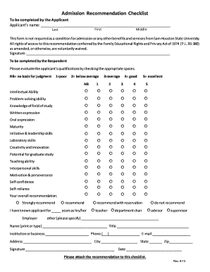 Fillable Online shsu Admission Recommendation Checklist - Sam Houston State University Fax Email ...